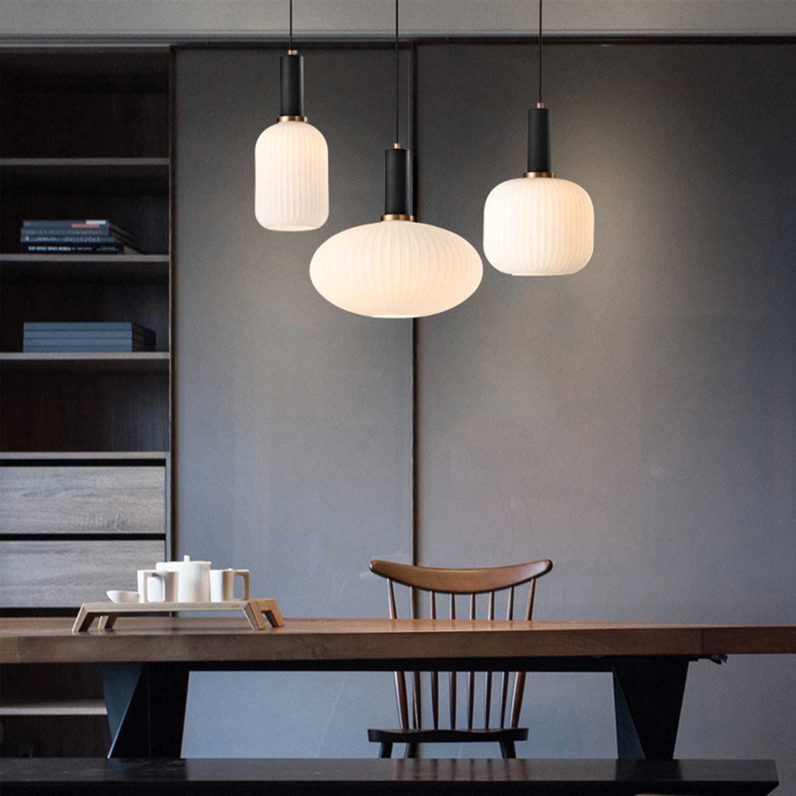 H XD GLOBAL Modern Pendant Lights, Black Lamp Holder Pendant Light Socket White Glass Pendant Lamp Shade,LED Hanging Light (Black, Medium)