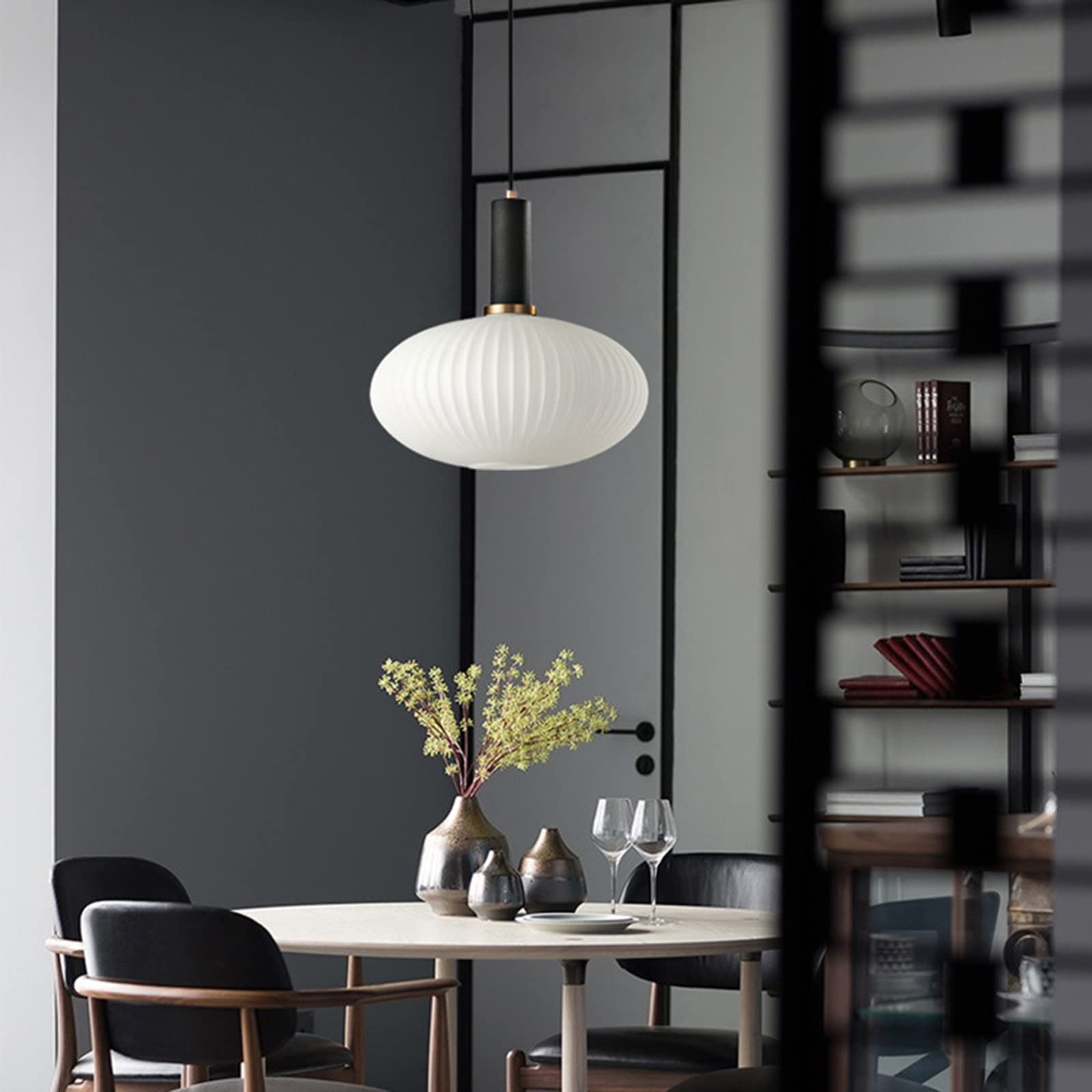 H XD GLOBAL Modern Pendant Lights, Black Lamp Holder Pendant Light Socket White Glass Pendant Lamp Shade,LED Hanging Light (Black, Medium)