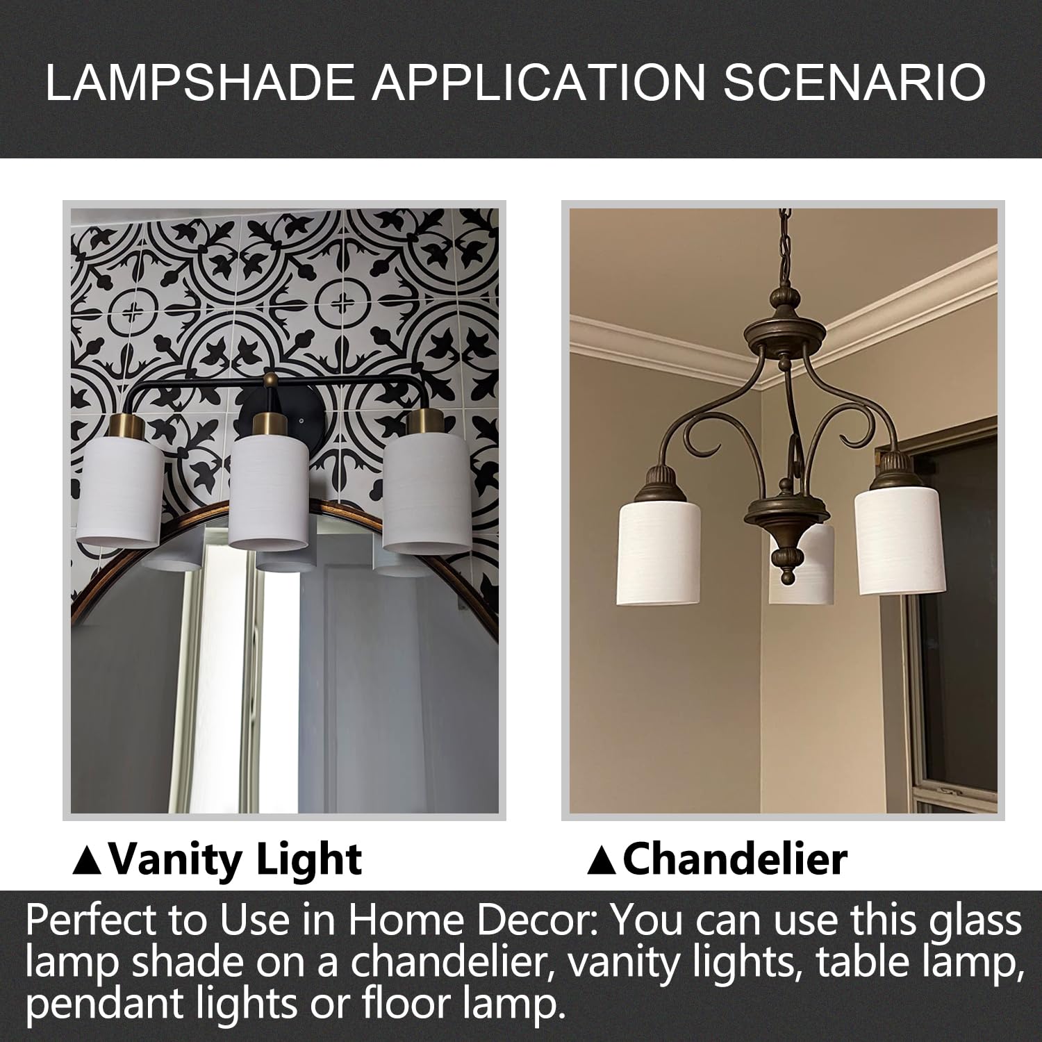 White Line Painted Glass Shade, Cylinder Globe replacement for Vanity Light, Chandelier (white, 3 Pack)