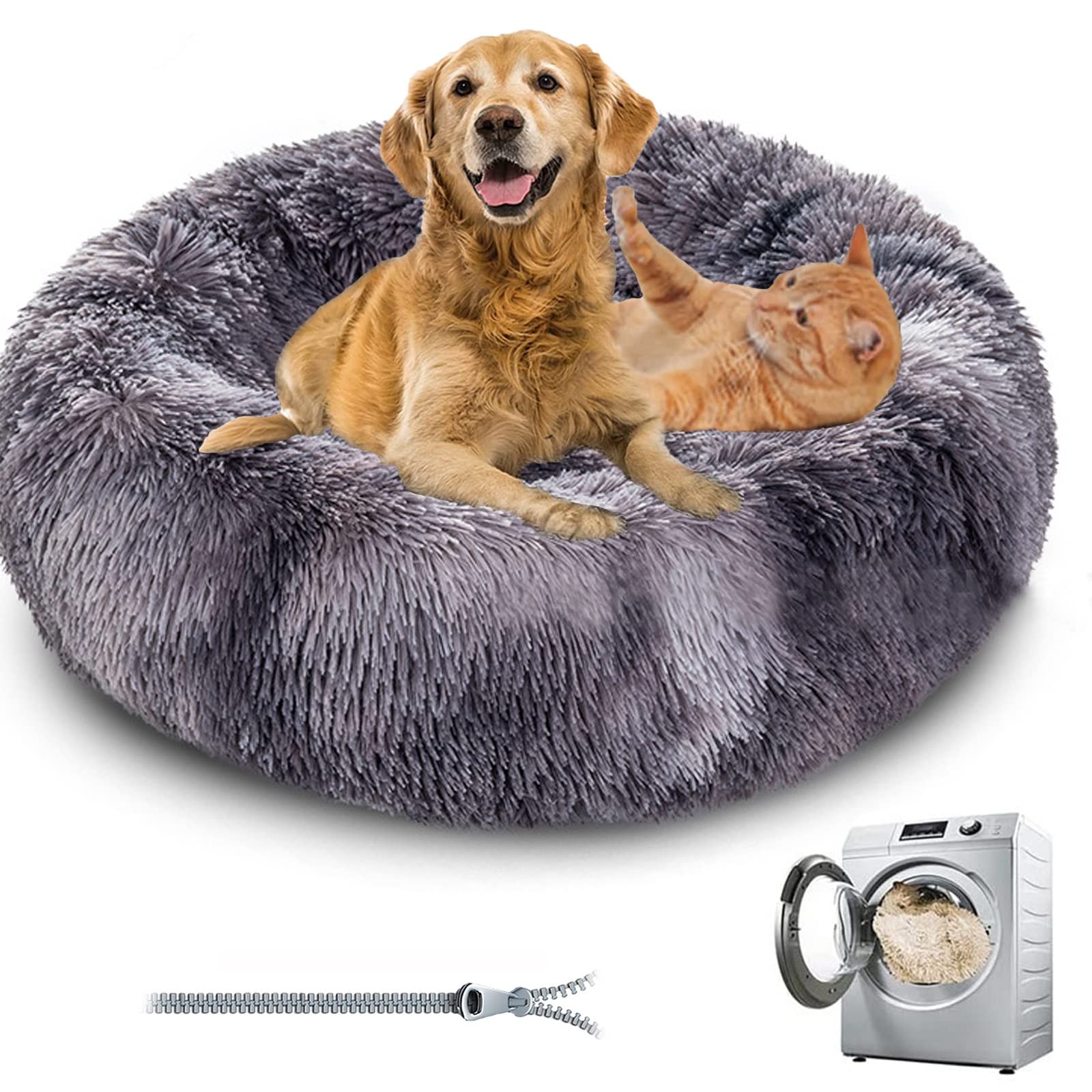 Donut Dog & Cat Bed - Premium Quality Plush Calming Anti-Anxiety Pet Cosy With Non-Slip Bottom, Washable for Small/Medium/Large Dogs (Color: Gradient Gr