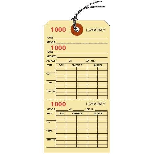 LAYAWAY Tickets/Tags, 6.25" X 3.125", Manila Cardstock, 3-Part, Consecutively Numbered, Prestrung - Pack of 100