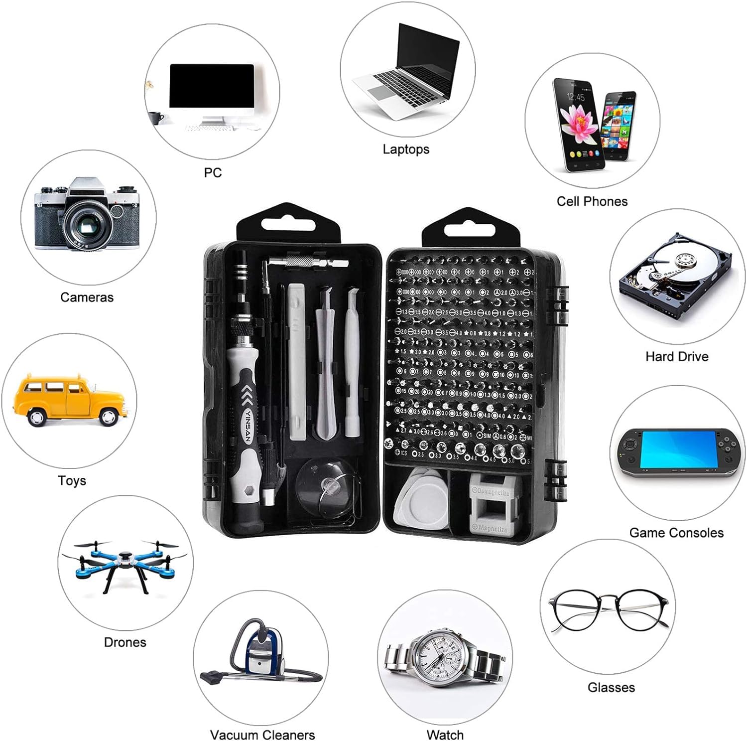 YINSAN Precision Screwdriver Set, Electronics Repair Tool Kit Micro Magnetic Bit for iPhone, Computer, PC, Laptop, Phone, Mac, Tablet, Home DIY, Game Consoles, Glasses, Watch, Doorbell, 120 in 1 Black