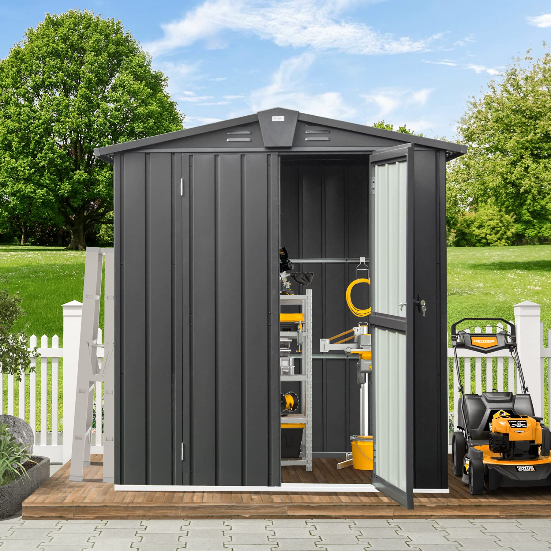 Domi Outdoor Storage Shed 5.7'x 3', Metal Garden Shed for Bike, Trash Can, Tools, Lawn Mowers, Pool Toys, Galvanized Steel Outdoor Storage Cabinet with Lockable Door for Backyard, Patio, Lawn