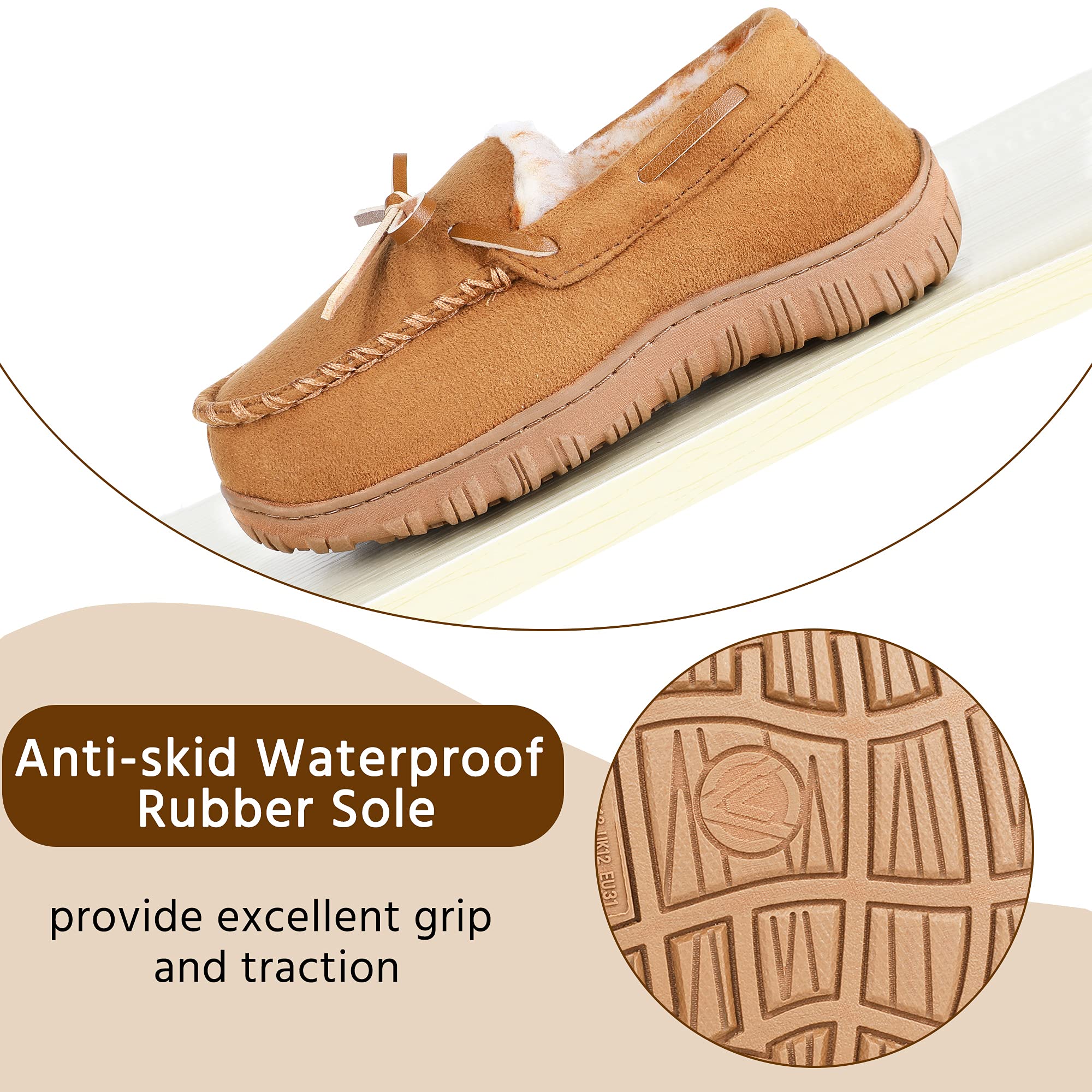 NCCB Boys Memory Foam Slippers Plush Liner Anti-skid Moccasin Shoes Beige Size Big Kid 3
