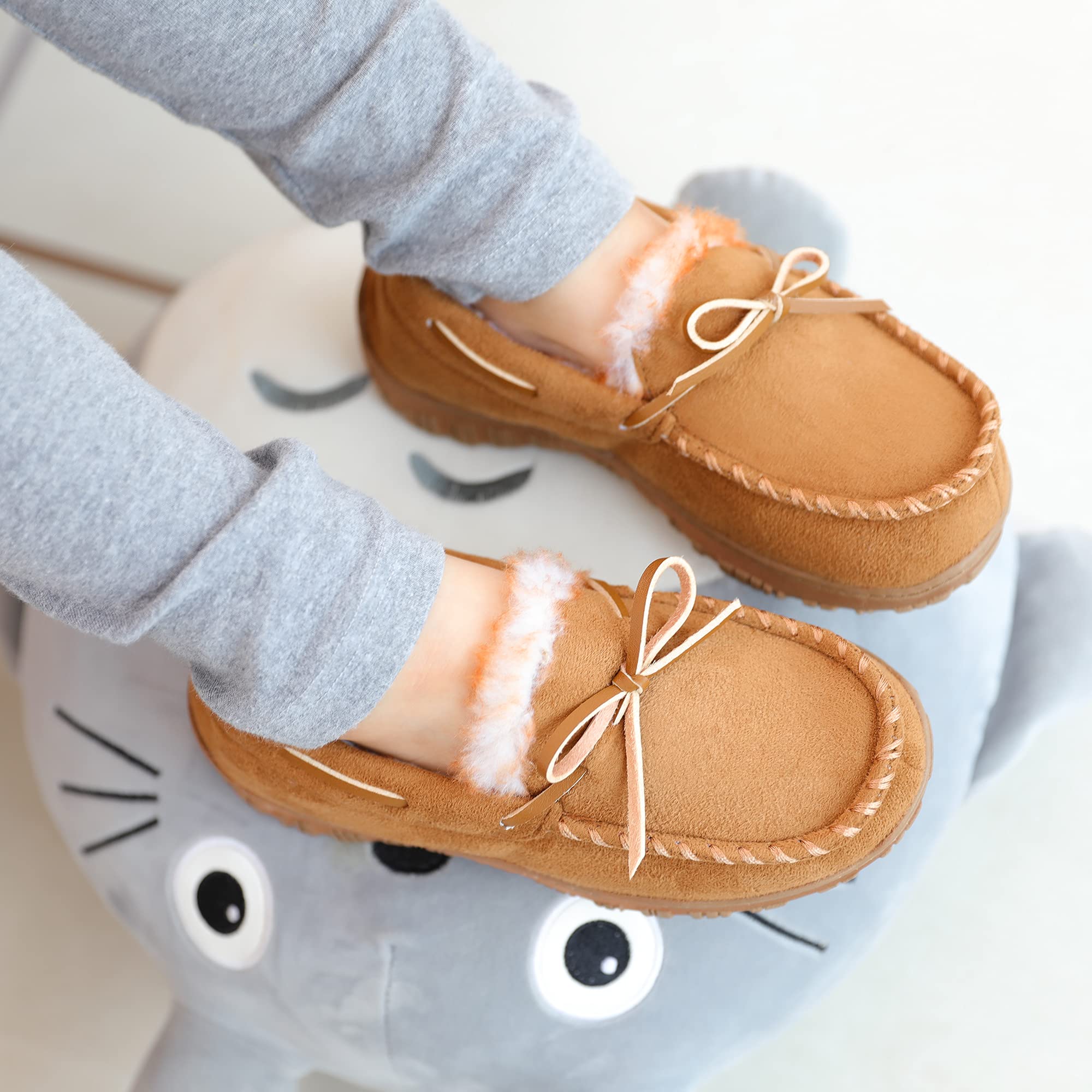 NCCB Boys Memory Foam Slippers Plush Liner Anti-skid Moccasin Shoes Beige Size Big Kid 3