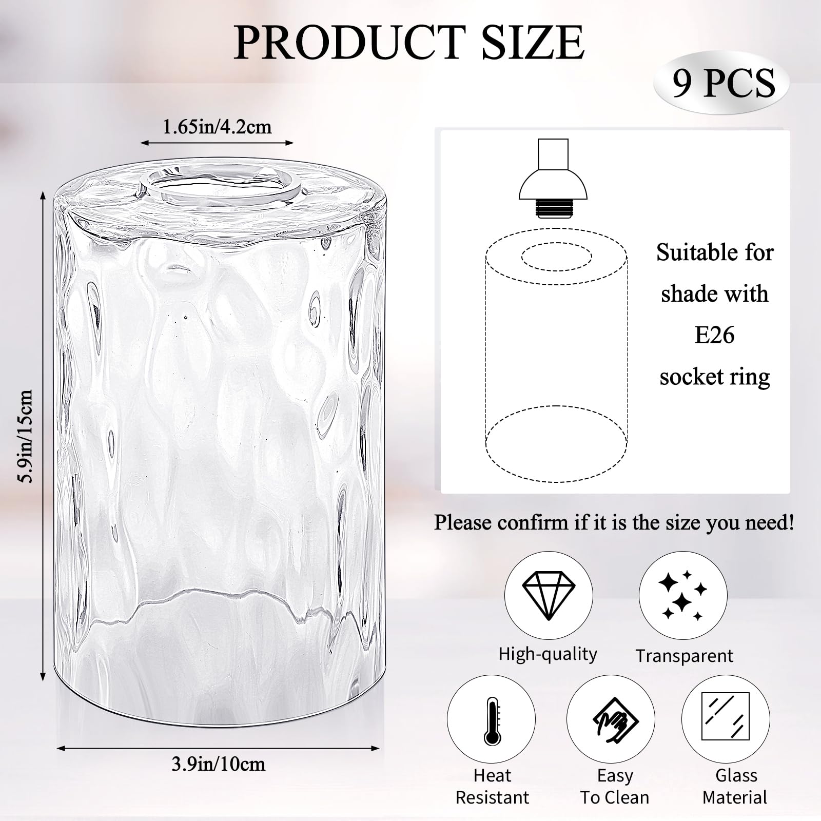 Retisee 9 Pcs Clear Seeded Glass Shade Cylinder Bubble Glass Lamp Shade for Light Fixture Replacement Globe 5.9 Inch High 3.9 Inch Diameter 1.65 Inch Fitter Cover for Chandelier Pendant (Hammered)