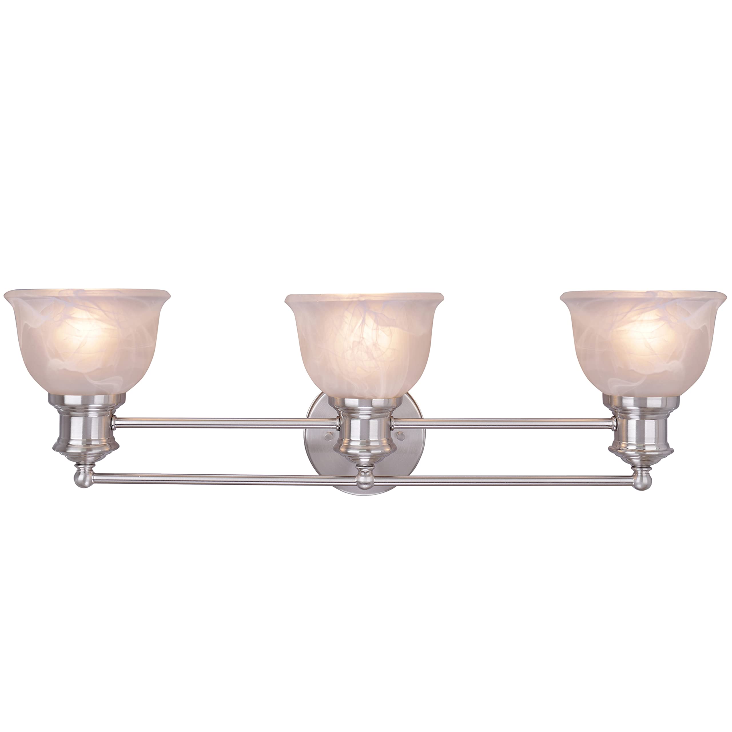 Aspen Creative 62139, Three-Light Metal Bathroom Vanity Wall Light Fixture, 25" Wide, Transitional Design in Brushed Nickel with Faux Alabaster Glass Shade