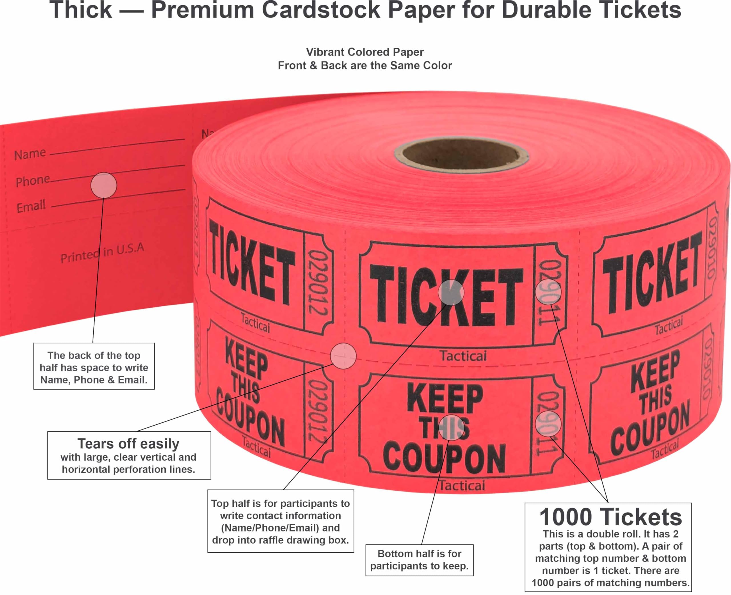 1000 Tacticai Raffle Tickets, Red (8 Color Selection), Double Roll, Ticket for Events, Entry, Class Reward, Fundraiser & Prizes
