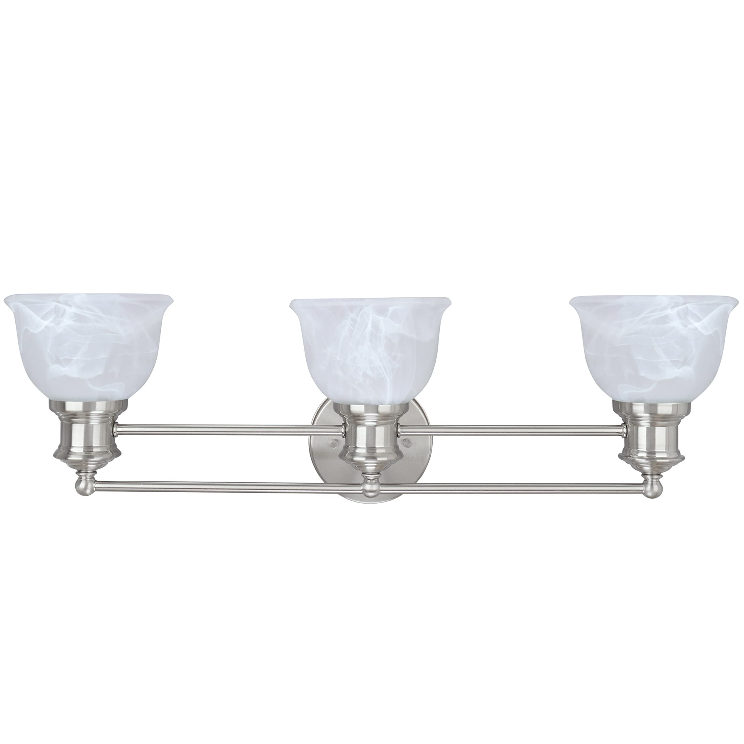 Aspen Creative 62139, Three-Light Metal Bathroom Vanity Wall Light Fixture, 25" Wide, Transitional Design in Brushed Nickel with Faux Alabaster Glass Shade