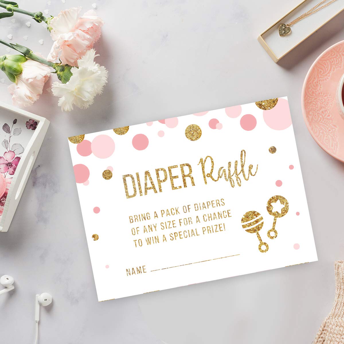 Andaz Press Blush Pink Gold Glitter Girl Baby Shower Party Collection, Games, Activities, Decorations, Diaper Raffle Cards, 30-pack