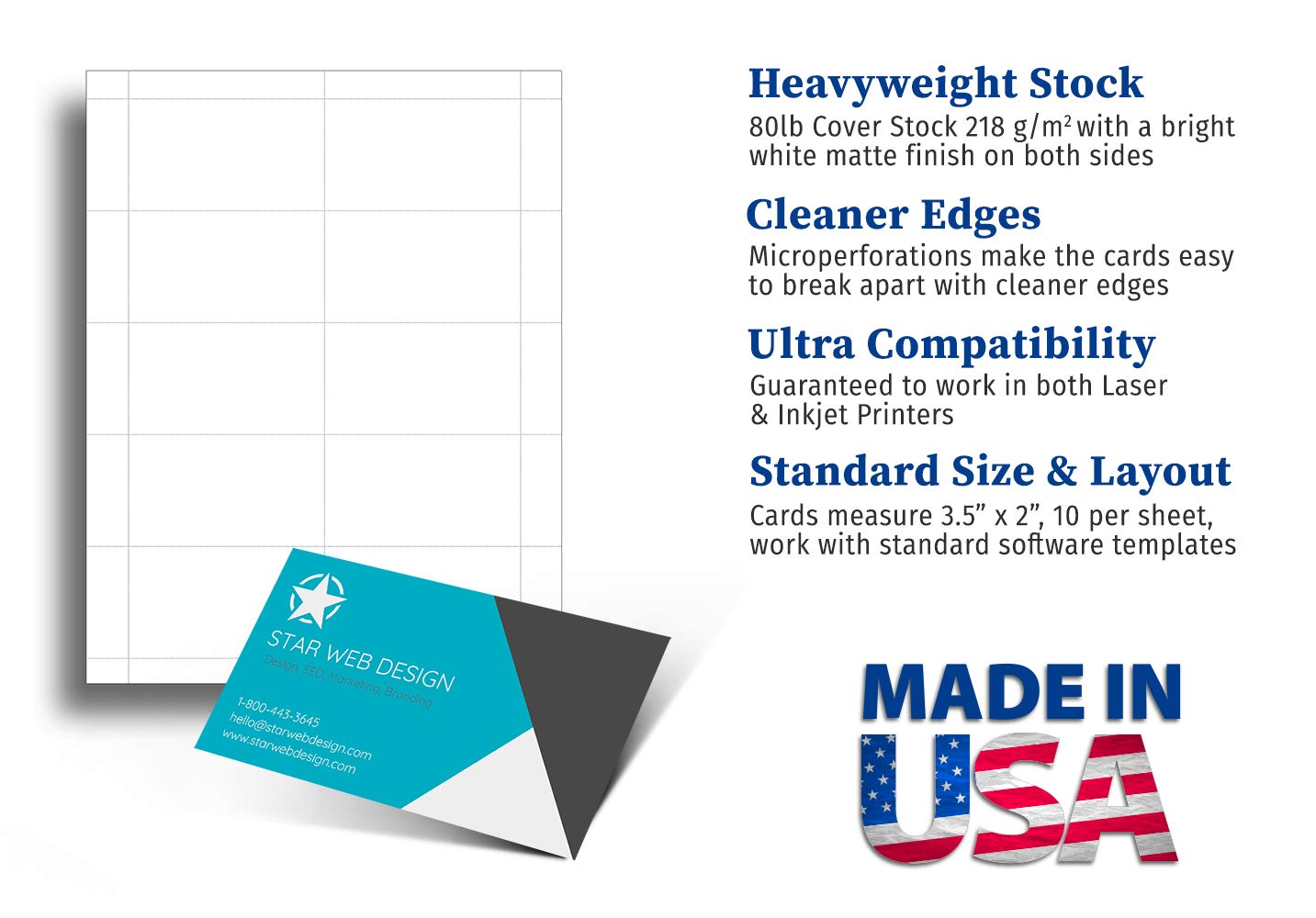 Heavyweight White Blank Business Card Paper - 20 Sheets / 200 Business Cards - 80lb Cover / 218 gsm - Inkjet & Laser Printer Compatible - Standard 3.5 x 2 Inches