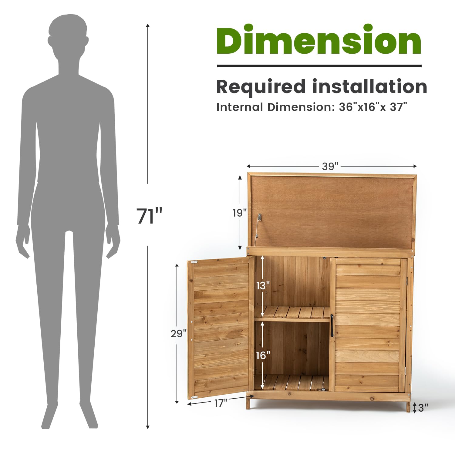 TAKUKA Outdoor Storage Cabinet with 2 Shelves, Wooden Garden Shed with Double Doors& Waterproof Roof,Outside Utility Tool Organizer for Garden Farm Backyard