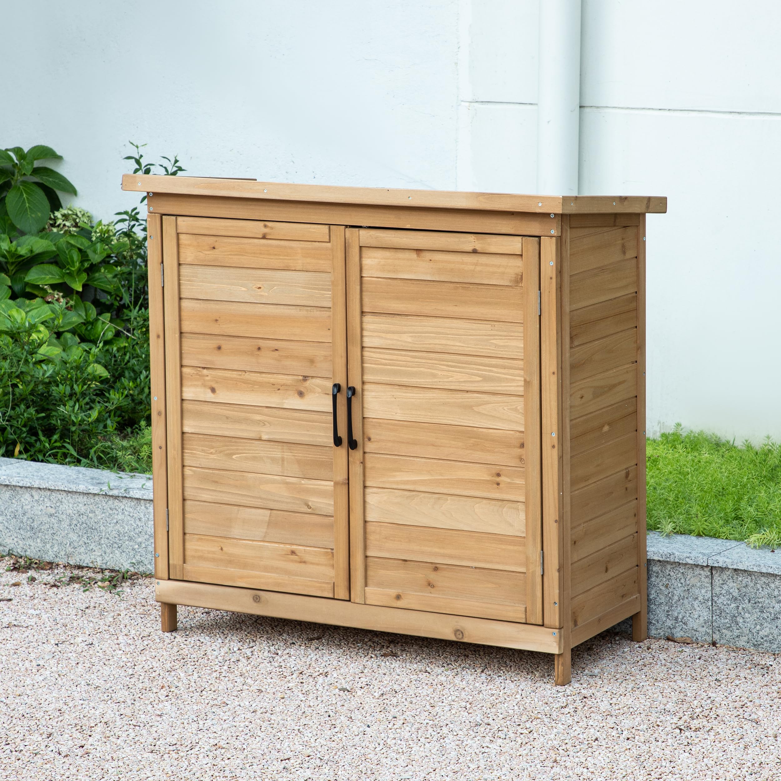 TAKUKA Outdoor Storage Cabinet with 2 Shelves, Wooden Garden Shed with Double Doors& Waterproof Roof,Outside Utility Tool Organizer for Garden Farm Backyard