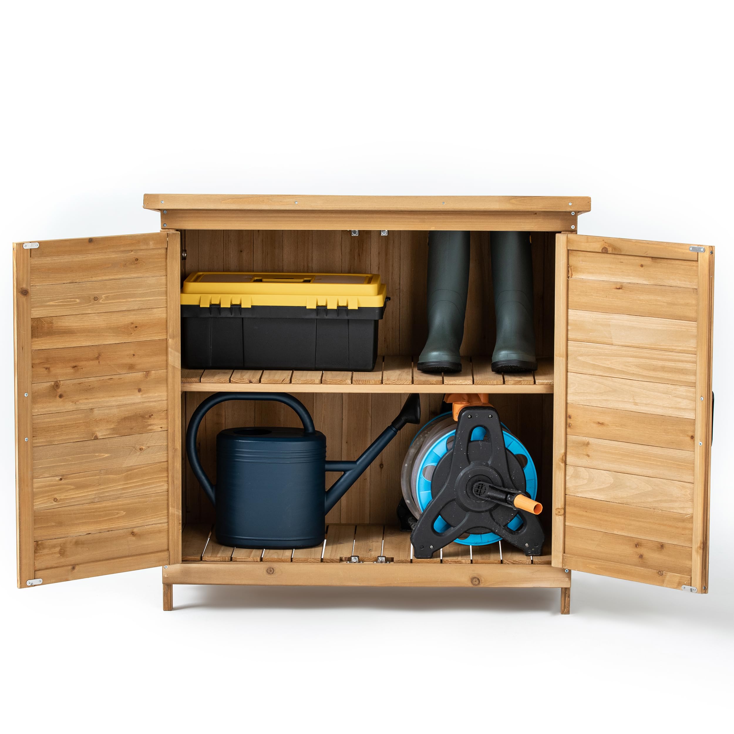 TAKUKA Outdoor Storage Cabinet with 2 Shelves, Wooden Garden Shed with Double Doors& Waterproof Roof,Outside Utility Tool Organizer for Garden Farm Backyard