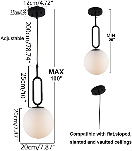 BAODEN Large Globe Pendant Light Set of 2 Modern Black Orb Chandelier with White Ball Glass Lampshade Industrial Ceiling Lamp Adjustable Hanging Lighting Fixture for Kitchen Island Dining Bedroom