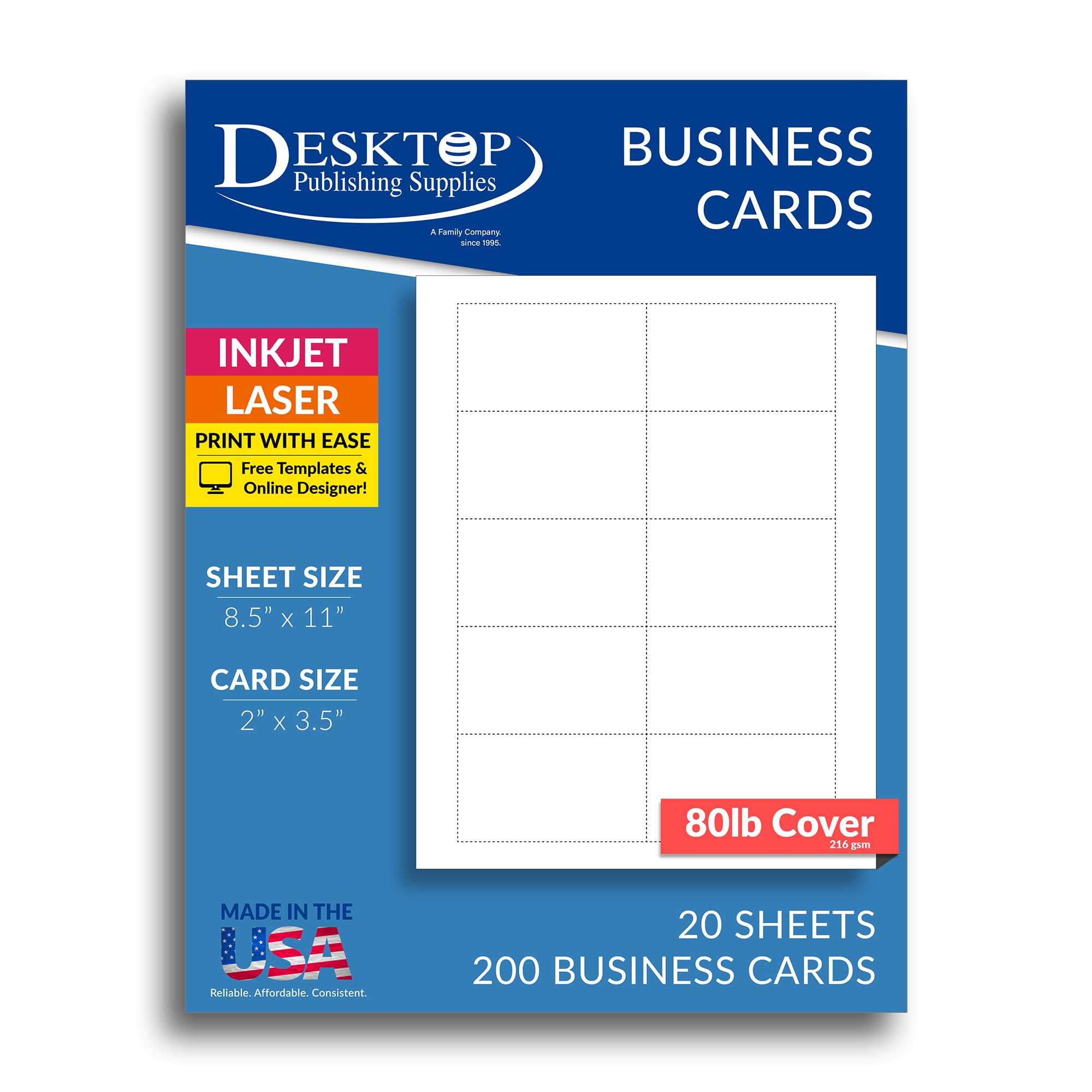Heavyweight White Blank Business Card Paper - 20 Sheets / 200 Business Cards - 80lb Cover / 218 gsm - Inkjet & Laser Printer Compatible - Standard 3.5 x 2 Inches