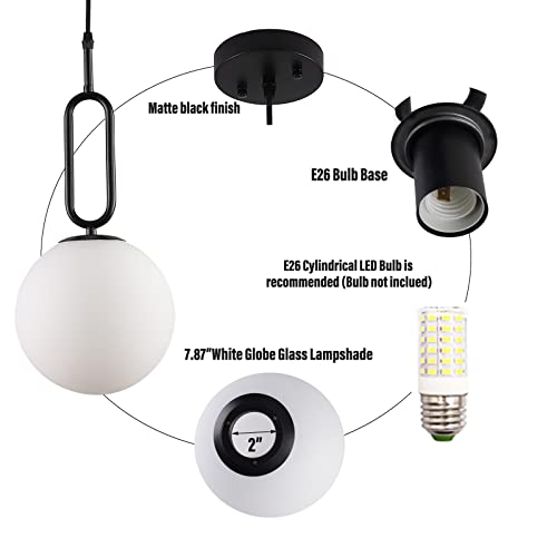 BAODEN Large Globe Pendant Light Set of 2 Modern Black Orb Chandelier with White Ball Glass Lampshade Industrial Ceiling Lamp Adjustable Hanging Lighting Fixture for Kitchen Island Dining Bedroom