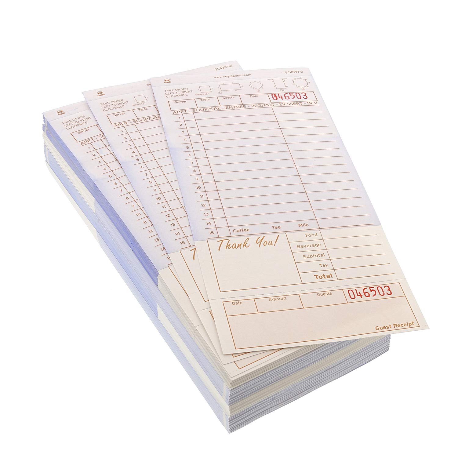 AmerCare Royal Tan Guest Check Paper Receipt Book, Carbonless Order Book with 15 Lines, 2 Part Loose, Pack of 250 Server Notepad Books