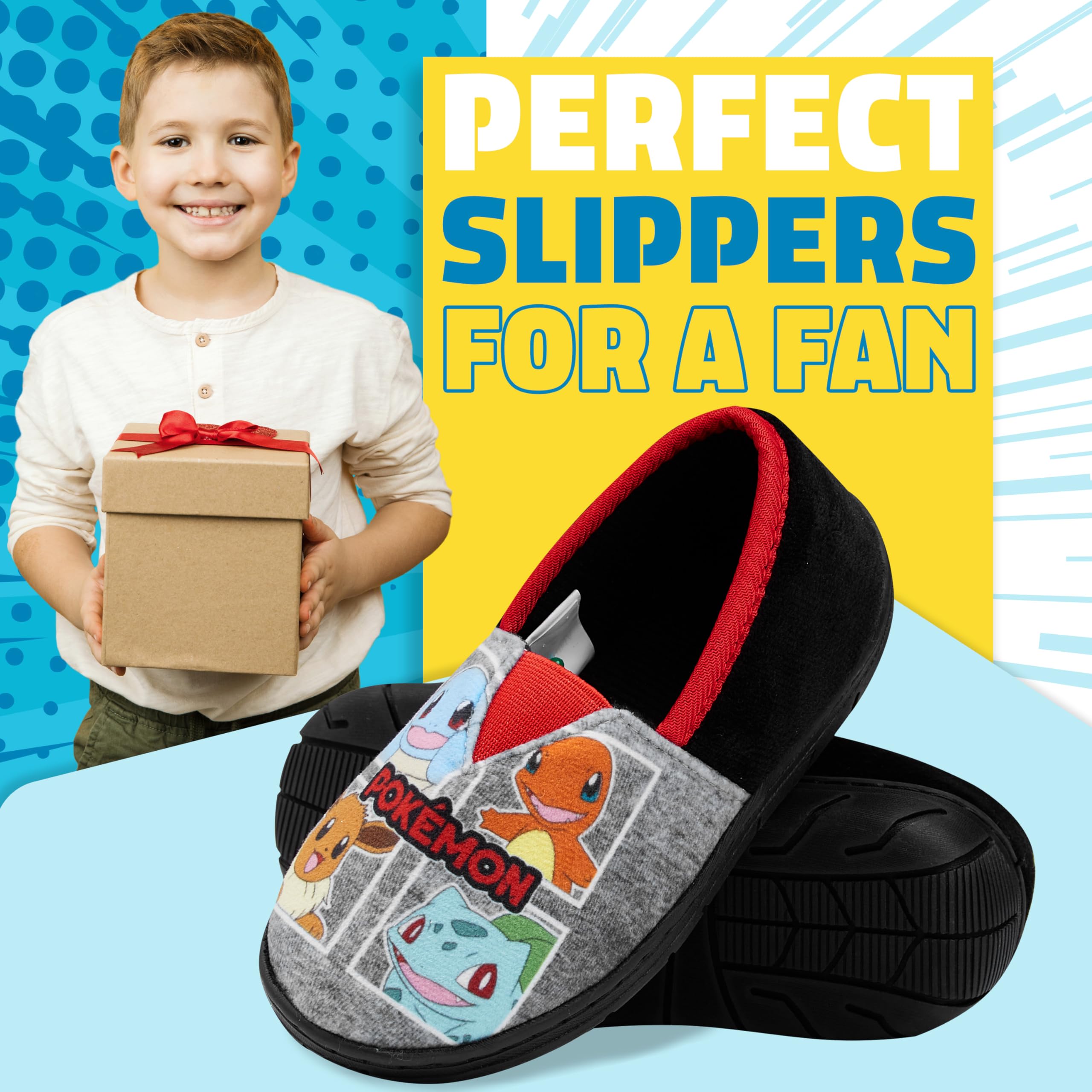 Pokemon Boys Slippers, Pikachu Bulbasaur Soft Kids Shoes, Gifts for Boys(Black/Red, 12.5 US)