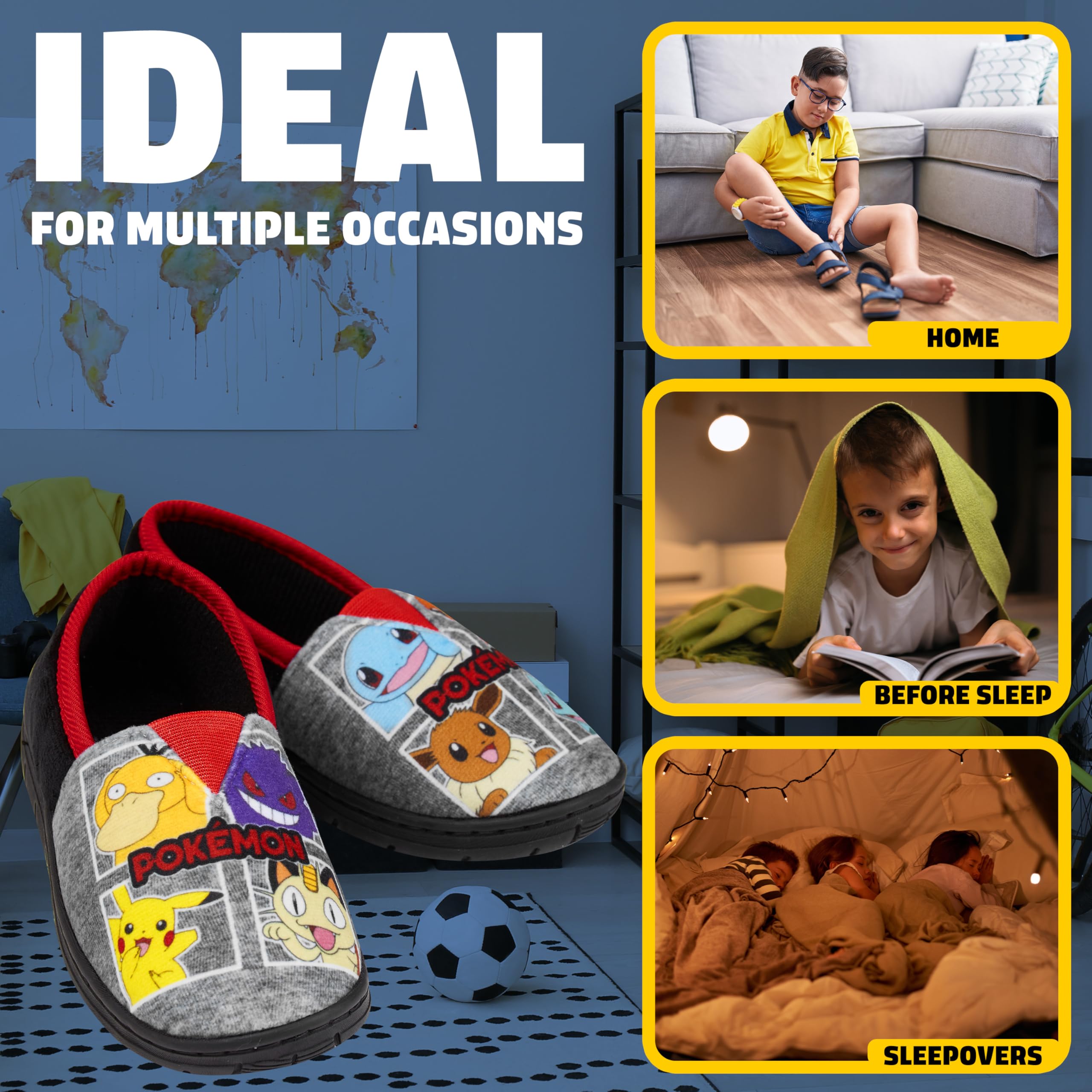Pokemon Boys Slippers, Pikachu Bulbasaur Soft Kids Shoes, Gifts for Boys(Black/Red, 12.5 US)