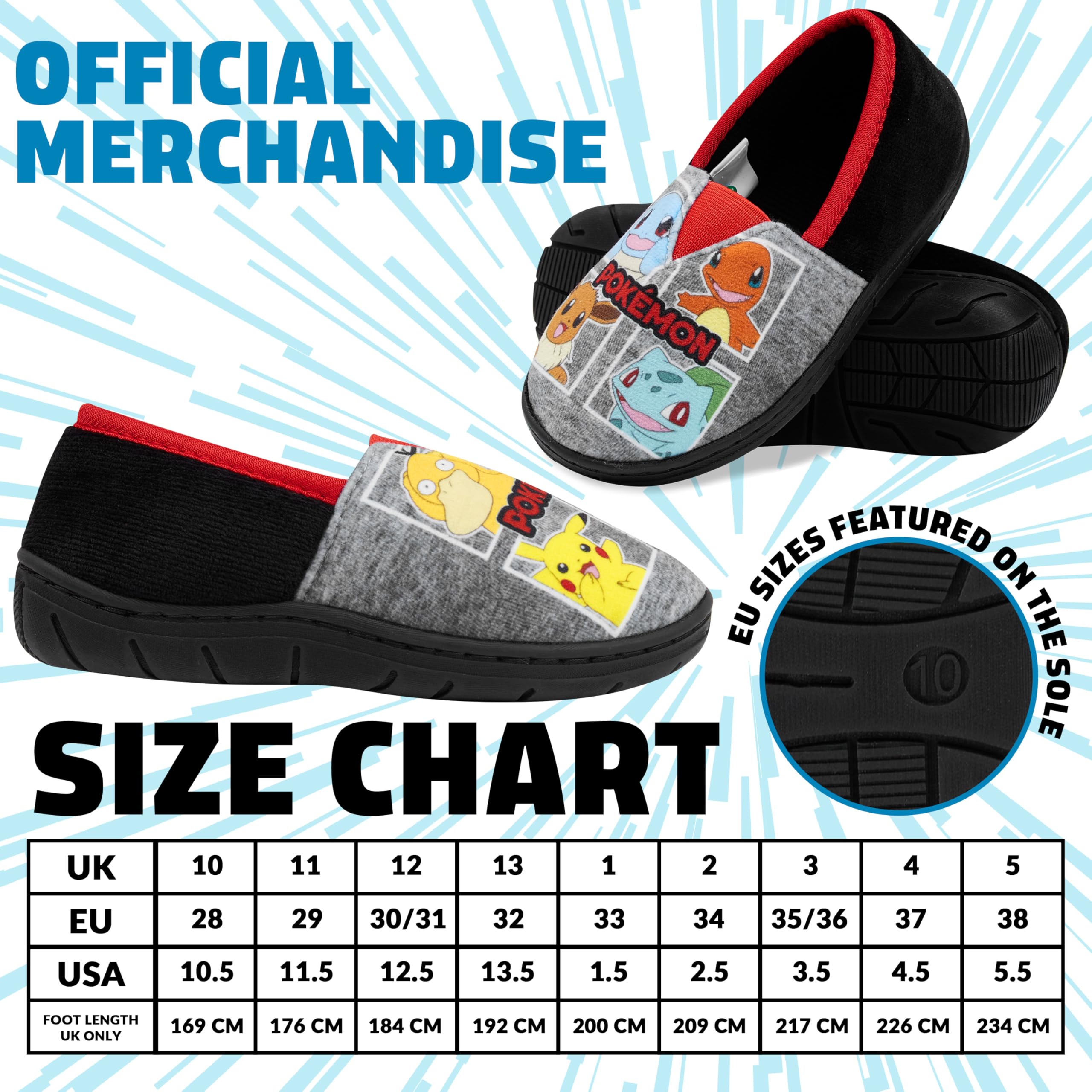 Pokemon Boys Slippers, Pikachu Bulbasaur Soft Kids Shoes, Gifts for Boys(Black/Red, 12.5 US)