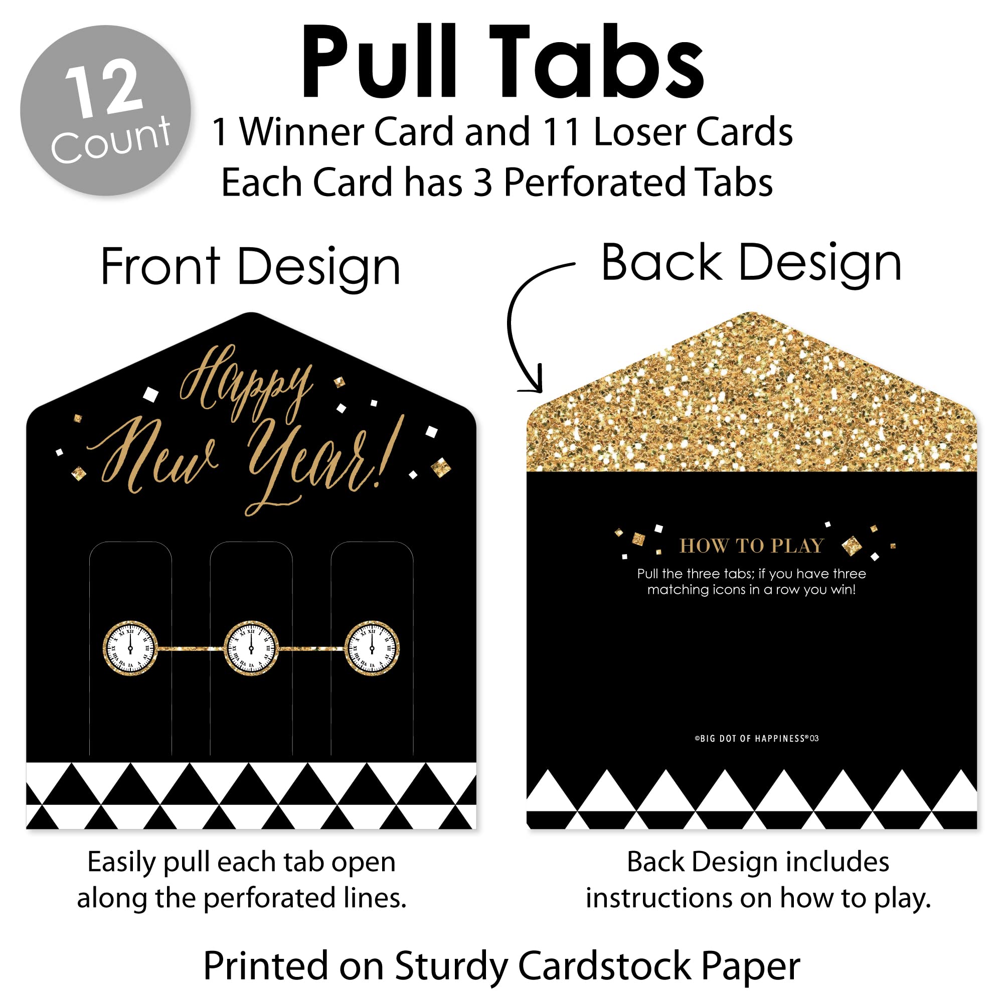 Big Dot of Happiness New Year’s Eve - Gold - New Years Eve Party Game Pickle Cards - Pull Tabs 3-in-a-Row - Set of 12