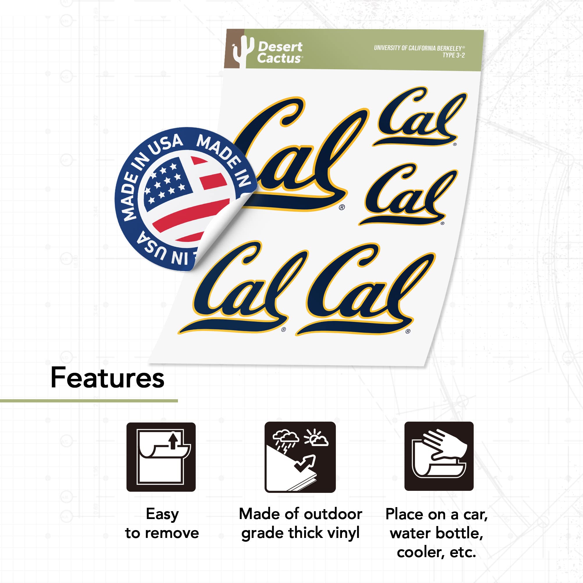 Desert Cactus University of California Berkeley Sticker Golden Bears Cal UC Vinyl Decals Laptop Water Bottle Car Scrapbook T3 (Type 3-2)