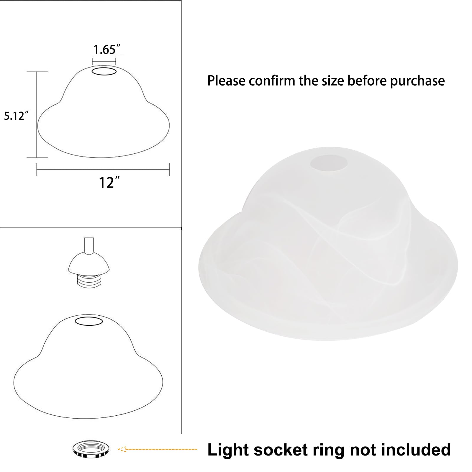 SHENGQINGTOP 12"D Alabaster Glass Domed Shade with 1.65" Opening, Pendant Light Cover, Lighting Fixture Replacement