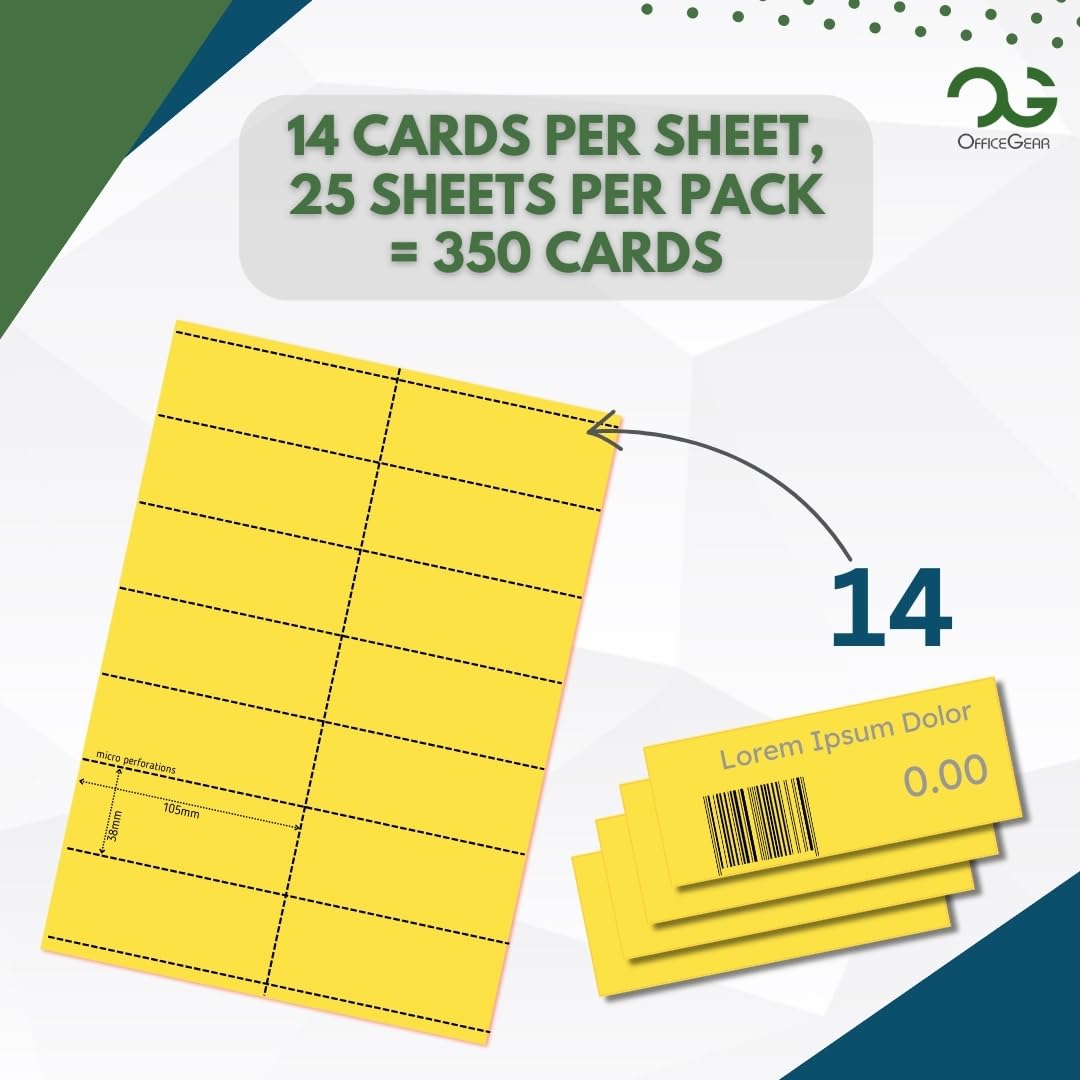 OfficeGear Yellow Shelf Edge Labels 14-up [25 Sheets - 350 Pack] 38x105mm Printable A4 Perforated Labels for Retail Barcodes, Price Stickers, Point of Sale, POS, Shelf Promotions Incl Template