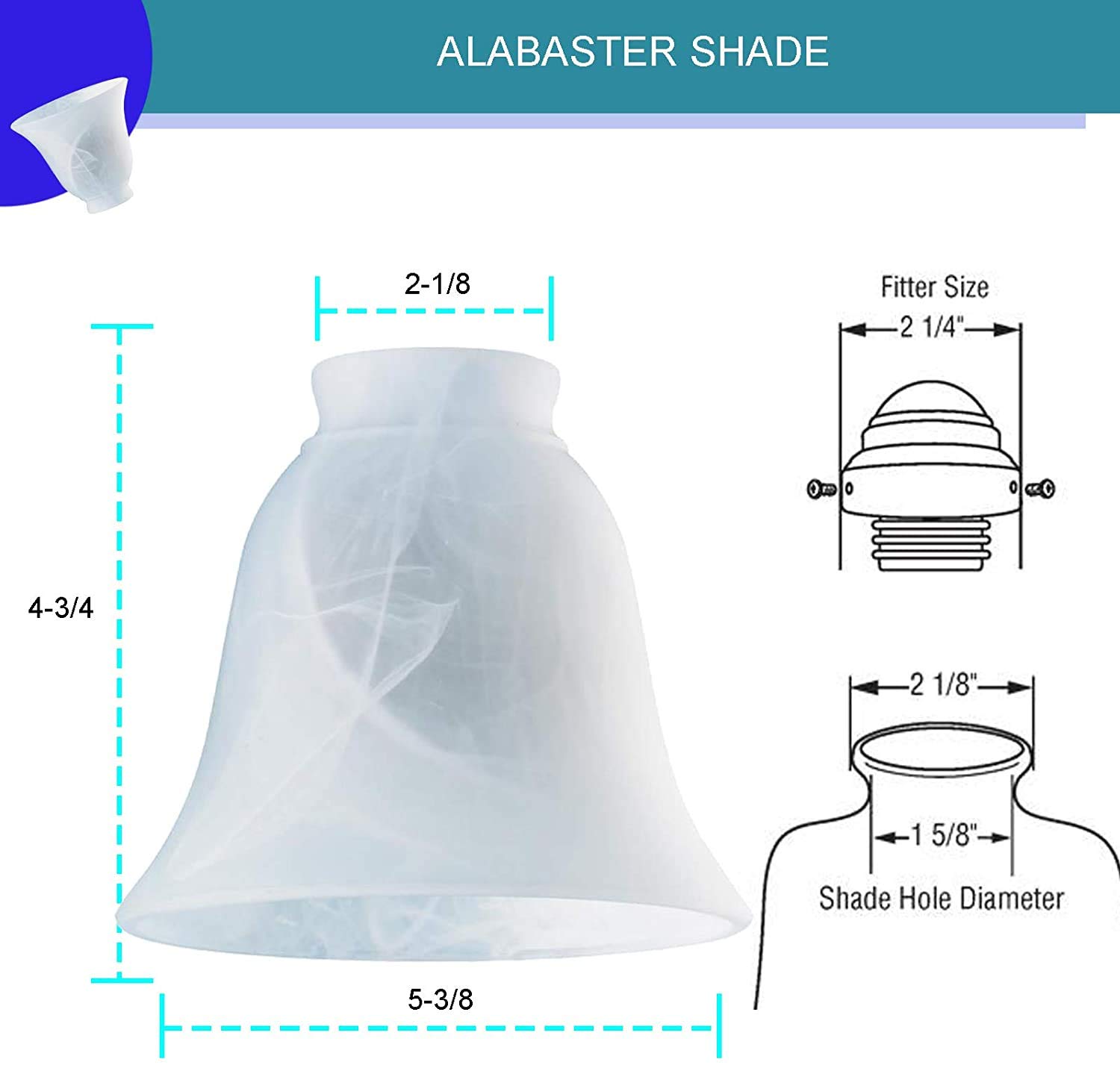 Dysmio Lighting Replacement Alabaster Shade - Height: 4.75-inch, 5-3/8 inches Diameter, Milky Scavo Glass Bell Shade - Standard 2-1/4-inch Fitter