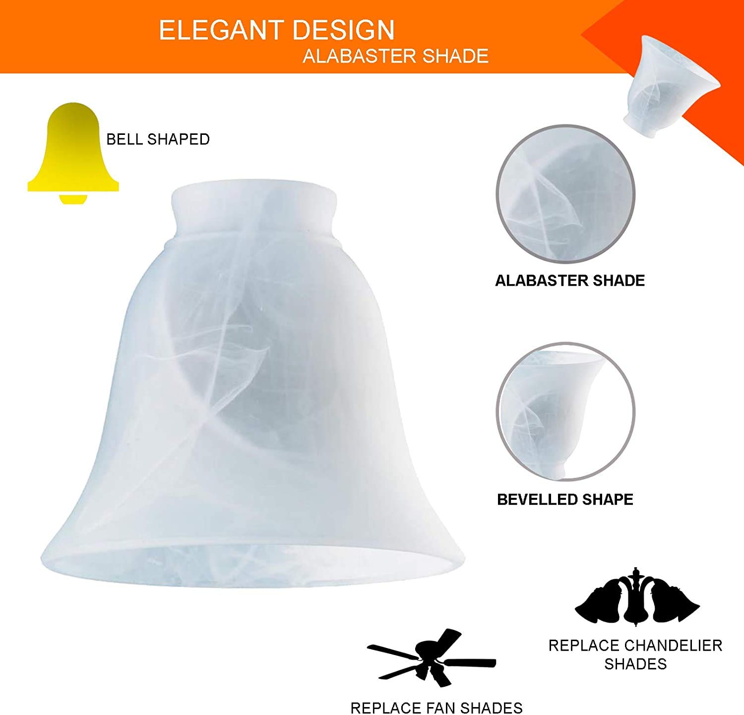 Dysmio Lighting Replacement Alabaster Shade - Height: 4.75-inch, 5-3/8 inches Diameter, Milky Scavo Glass Bell Shade - Standard 2-1/4-inch Fitter