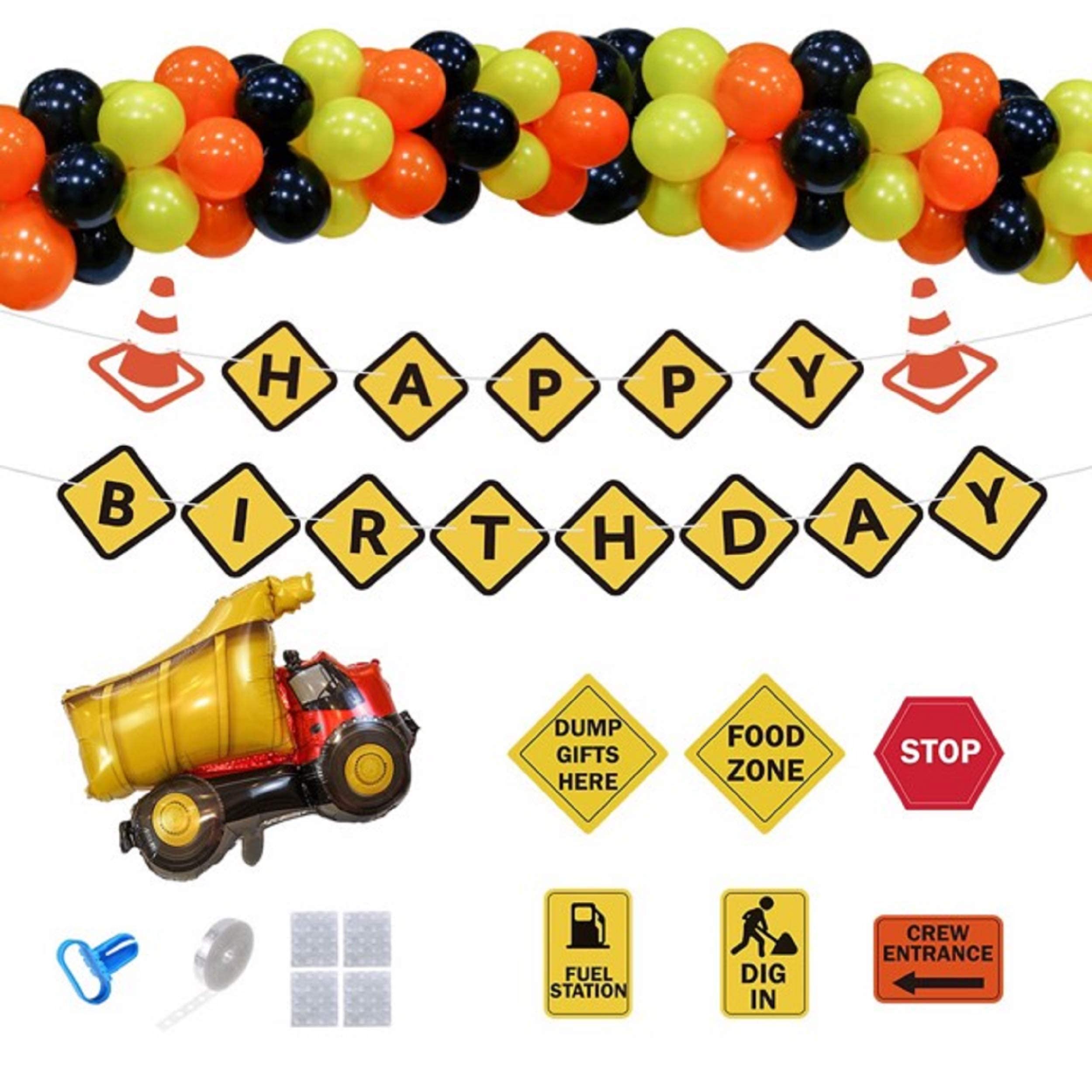 construction birthday party supplies,119pc.Orange Black Yellow Balloon Garland,Happy Birthday Banner, Dump Truck Balloon,Construction Signs, DIY Arch Tool Kit, Quarantine birthday decorations
