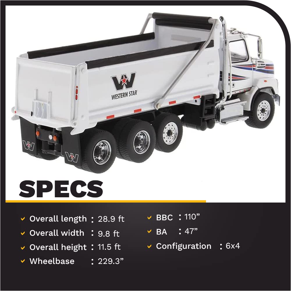 Diecast Masters Western Star 4700 SB Dump Truck - White | Real Truck Specifications, Tandem with Lift Axle and Dump | 1:50 Scale Model Semi Trucks | Diecast Model 71034