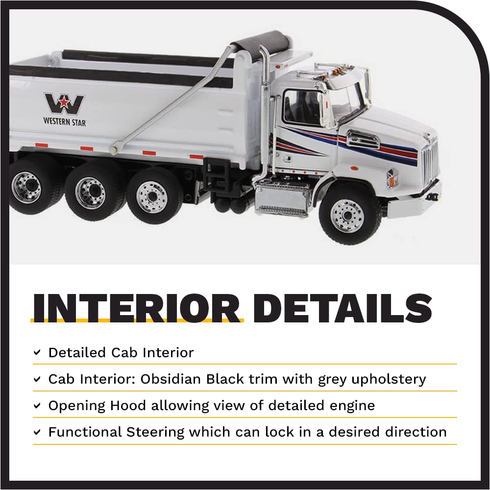 Diecast Masters Western Star 4700 SB Dump Truck - White | Real Truck Specifications, Tandem with Lift Axle and Dump | 1:50 Scale Model Semi Trucks | Diecast Model 71034
