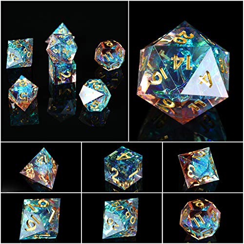 AUSPDICE DND Dice Set Handmade 7Pcs Sharp Edge Dice for Dungeons and Dragons TTRPG Games(Mix Blue&Brown Color)