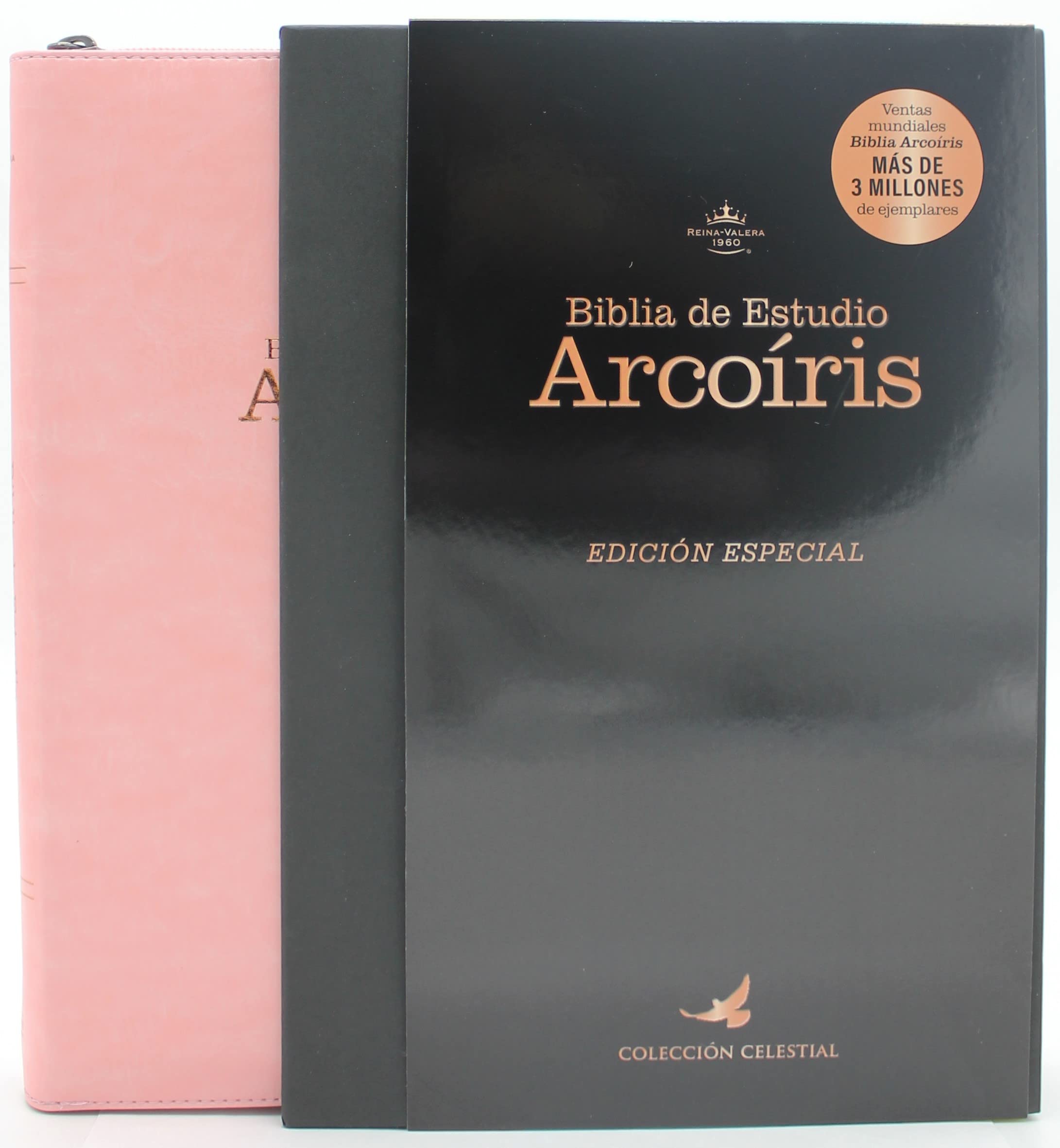 Biblia de Estudio Arco Iris Reina Valera 1960 con cierre, Indice, Color Rosado con cobre y Estuche de lujo negro con cobre para guardar y proteger la Biblia Coleccion Celestial