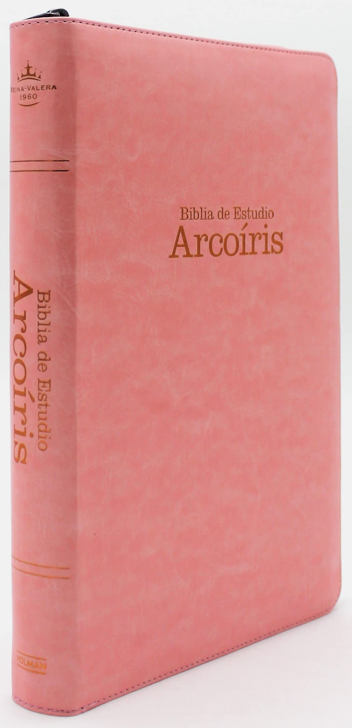 Biblia de Estudio Arco Iris Reina Valera 1960 con cierre, Indice, Color Rosado con cobre y Estuche de lujo negro con cobre para guardar y proteger la Biblia Coleccion Celestial