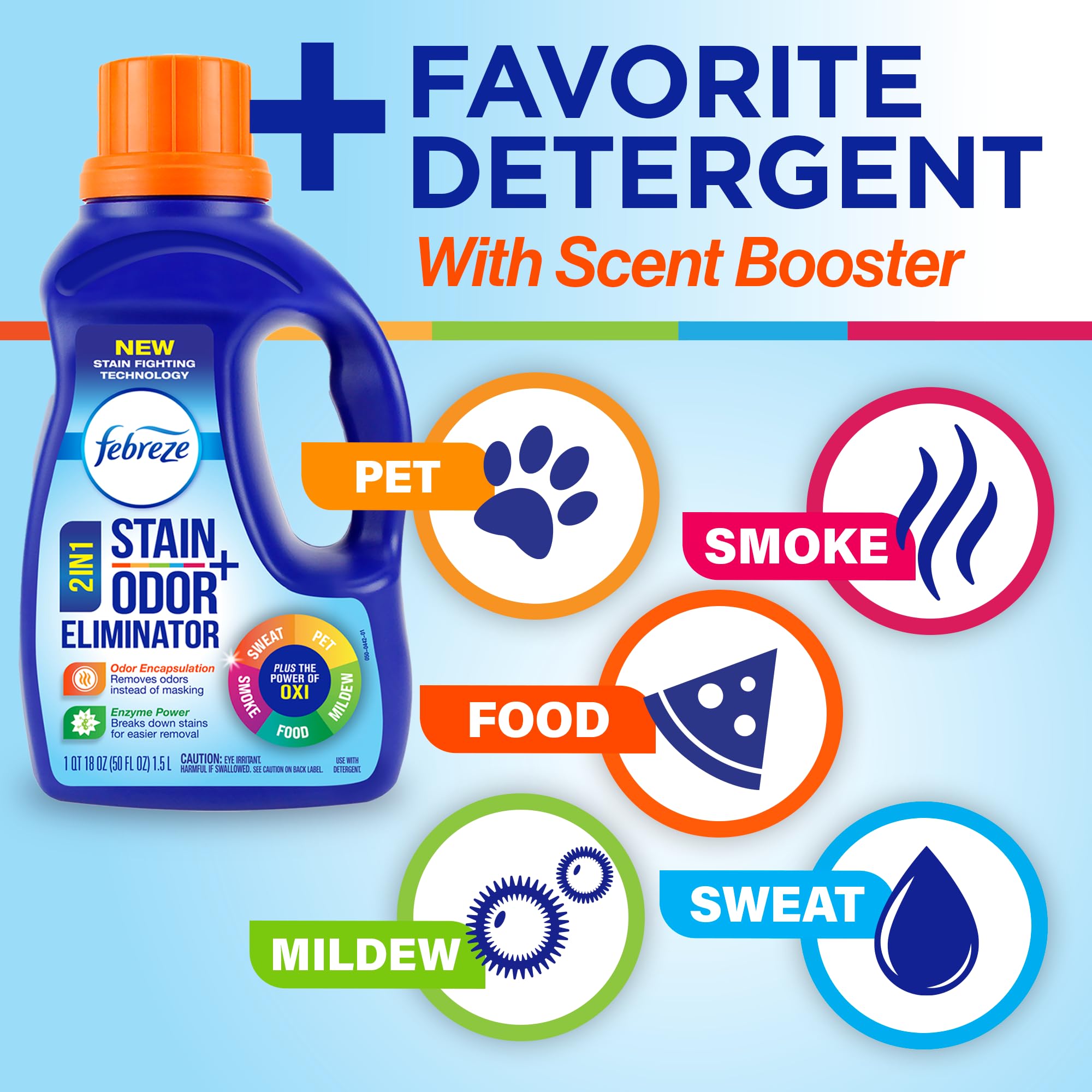 Febreze Laundry Detergent Additive, Original Strength In Wash Odor Eliminator, Designed to Remove Odors in a Single Wash Caused by Sweat, Food, Smoke, Fresh Scent, 50 fl oz (2 Pack)
