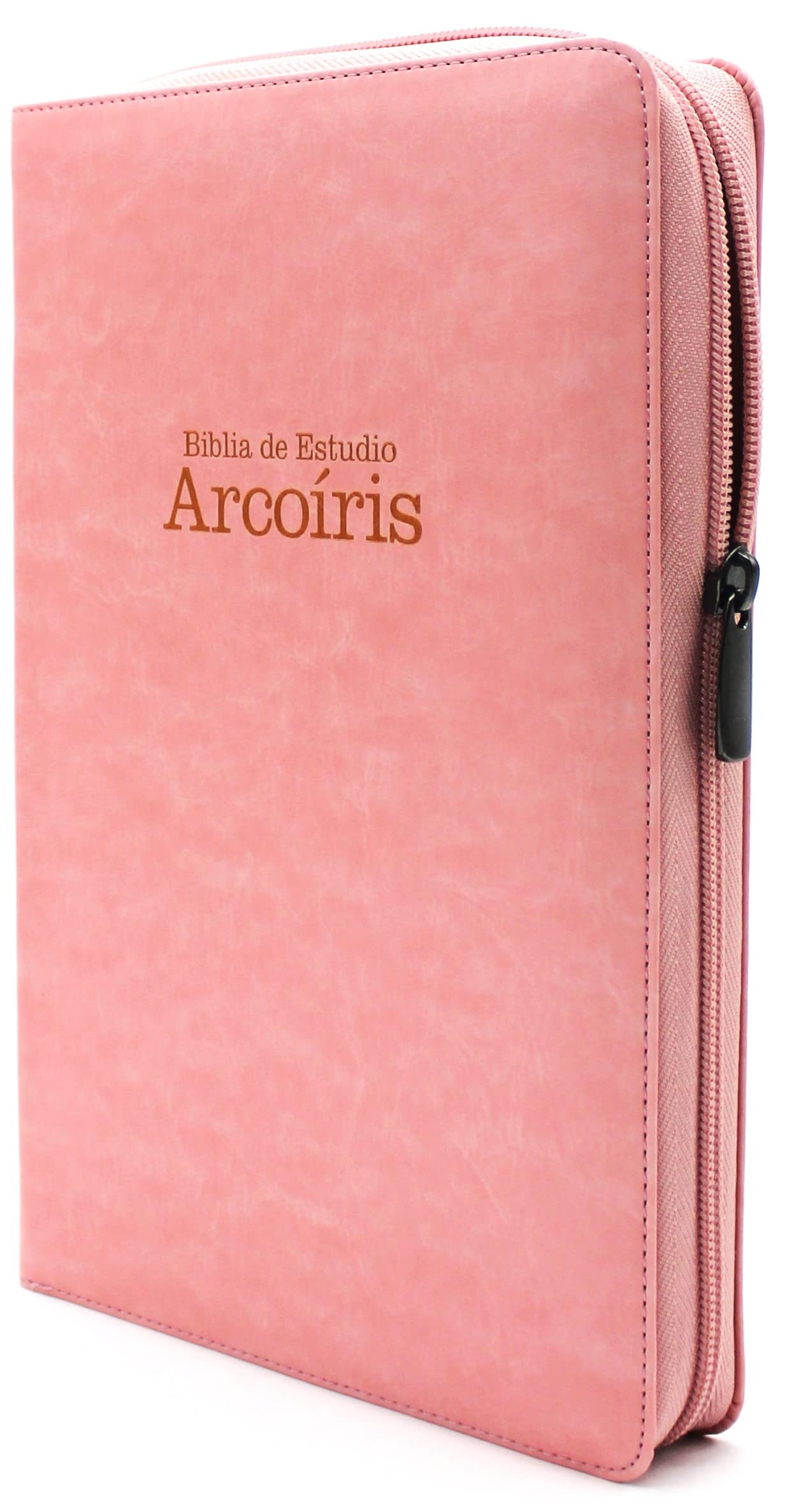 Biblia de Estudio Arco Iris Reina Valera 1960 con cierre, Indice, Color Rosado con cobre y Estuche de lujo negro con cobre para guardar y proteger la Biblia Coleccion Celestial
