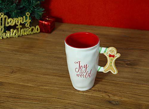 Joy To The World - Christmas Themed Ceramic Glossy 17 oz Mug With Large Gingerbread Man Handle (Microwave and Dishwasher Safe)
