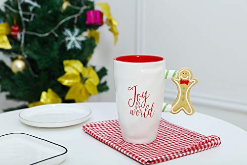 Joy To The World - Christmas Themed Ceramic Glossy 17 oz Mug With Large Gingerbread Man Handle (Microwave and Dishwasher Safe)