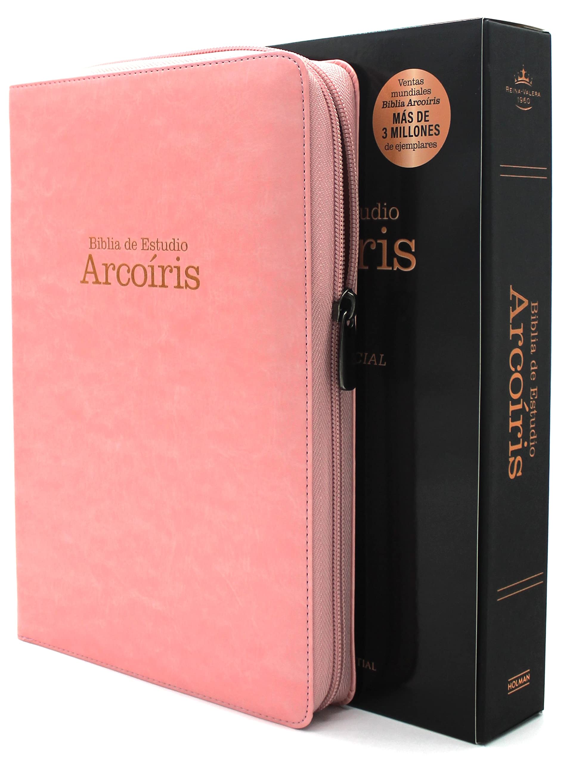 Biblia de Estudio Arco Iris Reina Valera 1960 con cierre, Indice, Color Rosado con cobre y Estuche de lujo negro con cobre para guardar y proteger la Biblia Coleccion Celestial