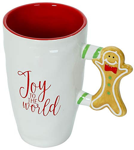Joy To The World - Christmas Themed Ceramic Glossy 17 oz Mug With Large Gingerbread Man Handle (Microwave and Dishwasher Safe)