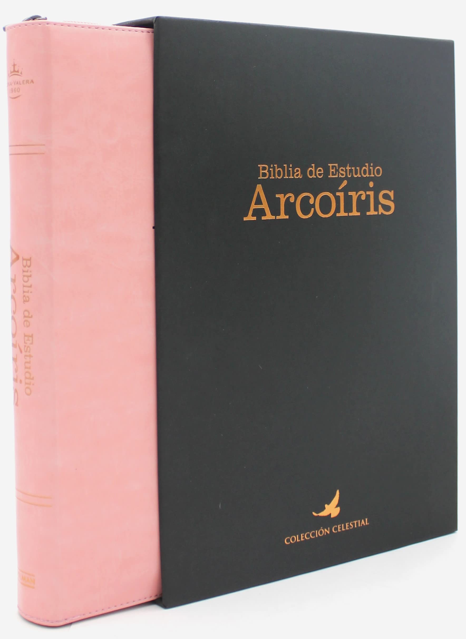 Biblia de Estudio Arco Iris Reina Valera 1960 con cierre, Indice, Color Rosado con cobre y Estuche de lujo negro con cobre para guardar y proteger la Biblia Coleccion Celestial