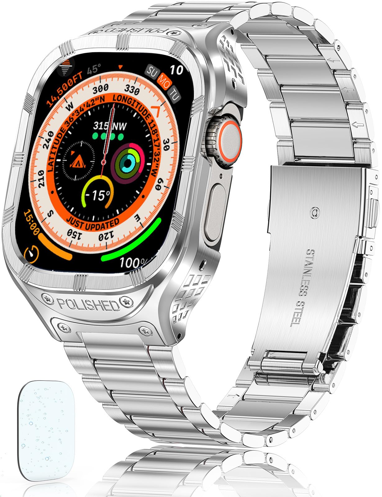 San Jeirie Stainless Steel Case and Band Compatible for Apple Watch Ultra/Ultra 2 Band 49mm,Rugged Apple Watch Ultra 1/2 Case with Metal iWatch Ultra Strap for Men (3-Silver, 49mm (Ultra 1/2))