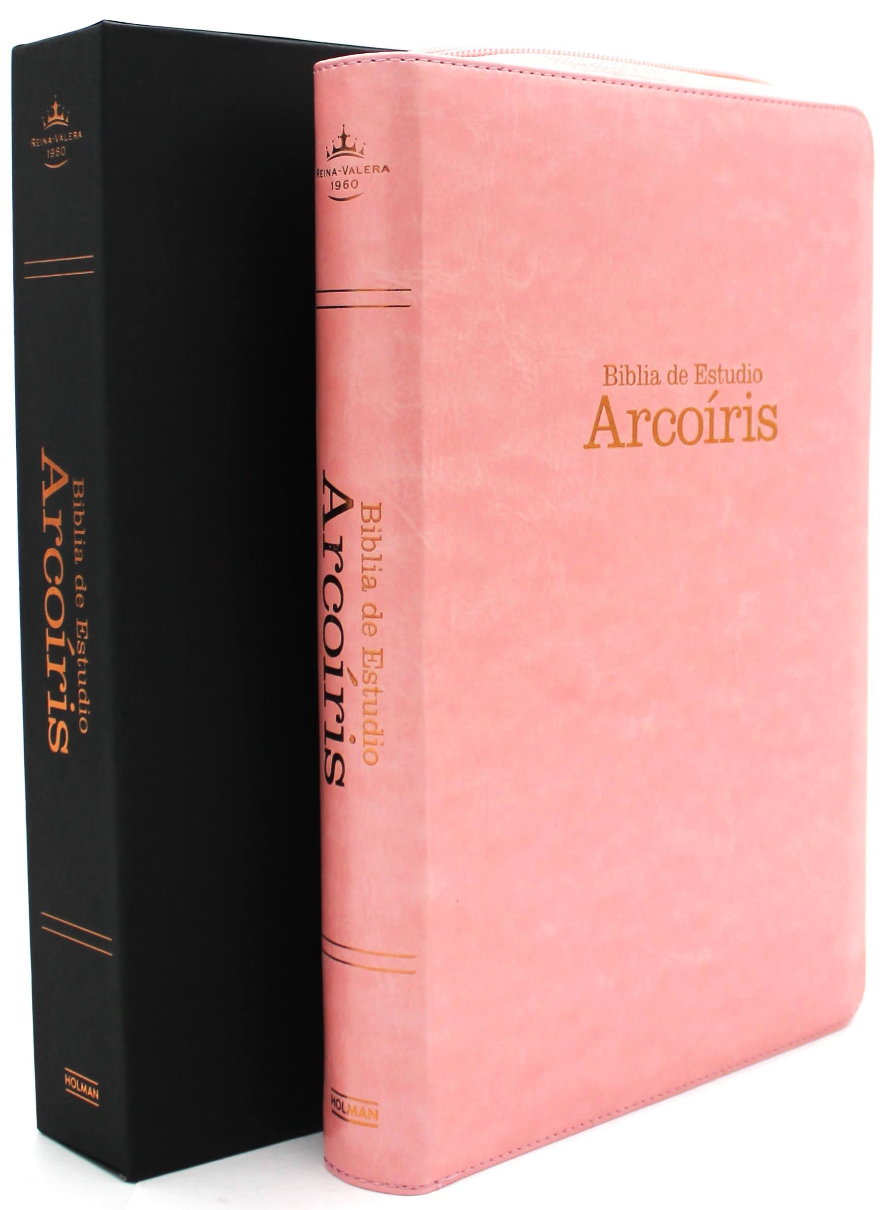 Biblia de Estudio Arco Iris Reina Valera 1960 con cierre, Indice, Color Rosado con cobre y Estuche de lujo negro con cobre para guardar y proteger la Biblia Coleccion Celestial
