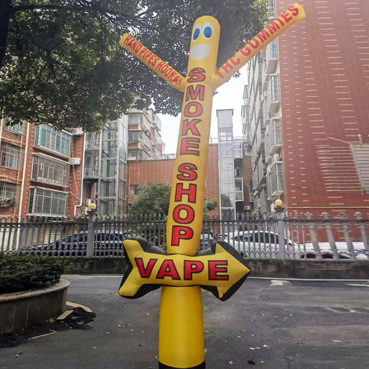 20ft Vape Smoke Shop Air Inflatable Tube Man Dancer with Arrow | Eye-Catching Hookah Hand Pipes Sky Wacky Waving Ultimate Brand Visibility | Both Side Printed Yellow | Cmpt. 18-inch (Without Blowers)