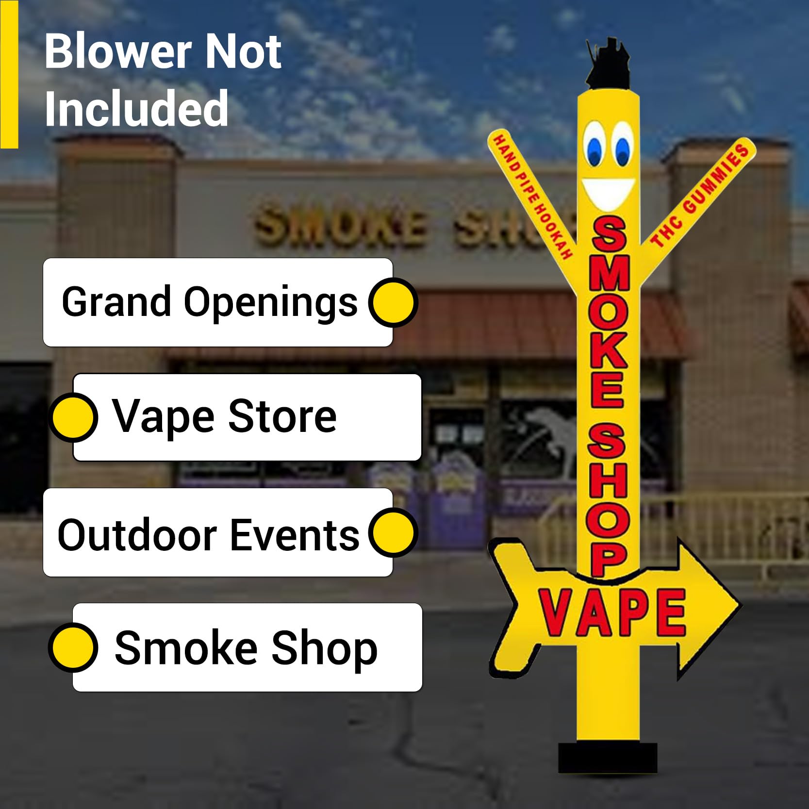 20ft Vape Smoke Shop Air Inflatable Tube Man Dancer with Arrow | Eye-Catching Hookah Hand Pipes Sky Wacky Waving Ultimate Brand Visibility | Both Side Printed Yellow | Cmpt. 18-inch (Without Blowers)
