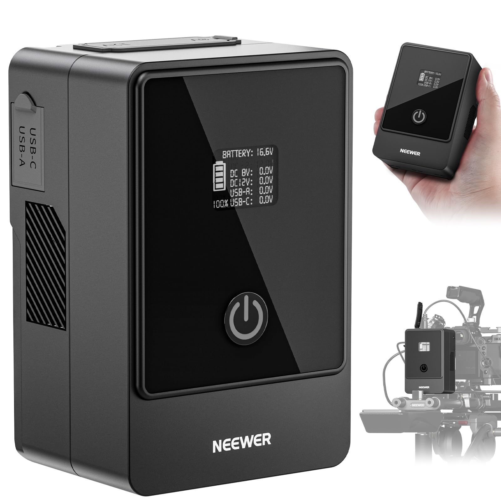 Neewer Mini V Mount Battery 6800mAh 99Wh 14.5V, Mini V Lock Battery with 65W PD Type C/D Tap/BP/USB A/Dual DC Port/OLED Display for Video Camera Camcorder Compatible with SmallRig BMPCC 4k 6k, PS099E