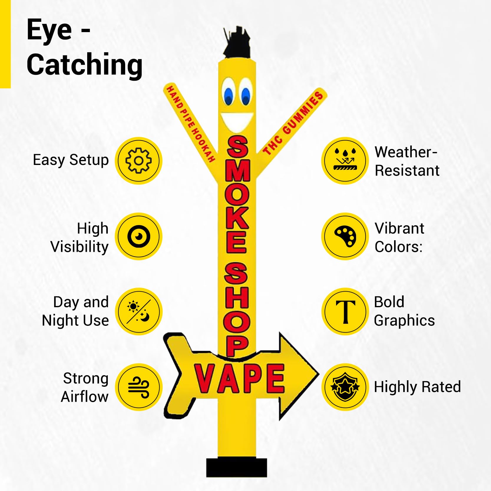 20ft Vape Smoke Shop Air Inflatable Tube Man Dancer with Arrow | Eye-Catching Hookah Hand Pipes Sky Wacky Waving Ultimate Brand Visibility | Both Side Printed Yellow | Cmpt. 18-inch (Without Blowers)